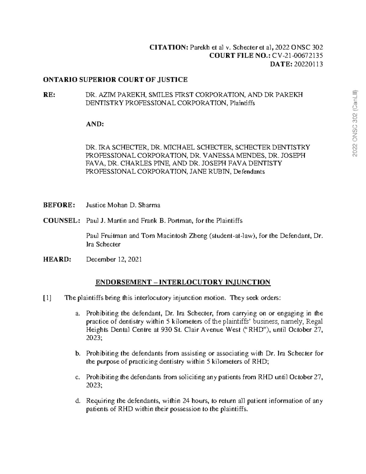 LAWW 1206 Parekh v Shechter Assignment - CITATION: Parekh et al v ...