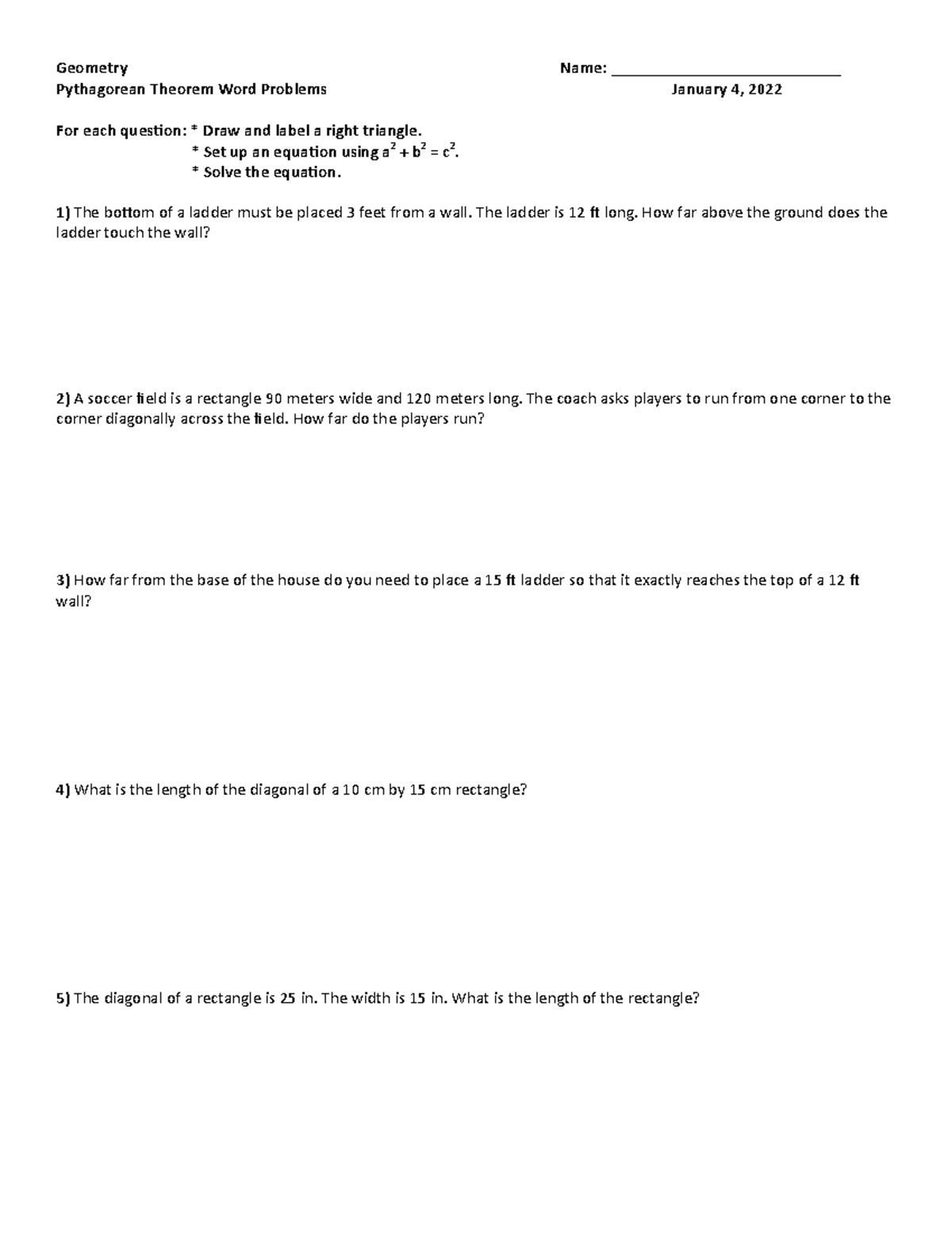 1-4-22 Pythagorean Theorem Word Problems - Geometry Name ...