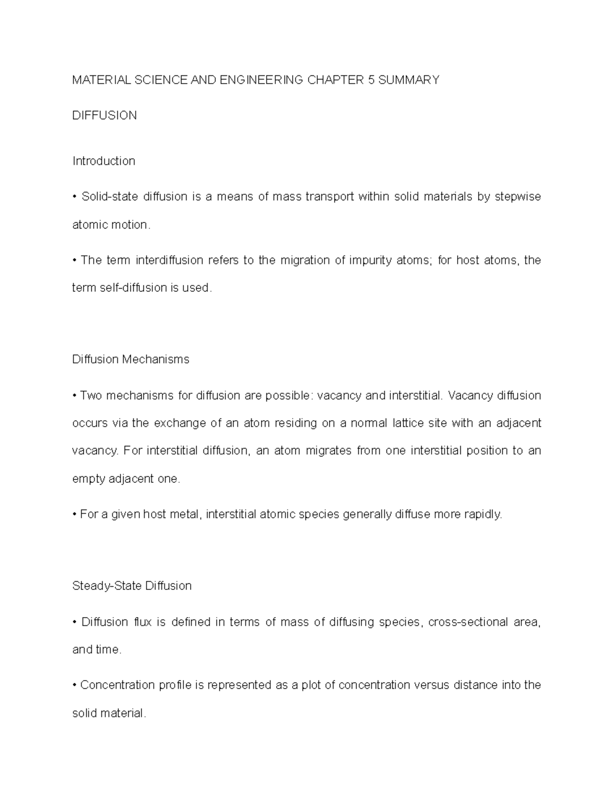 Diffusion - MATERIAL SCIENCE AND ENGINEERING CHAPTER 5 SUMMARY ...