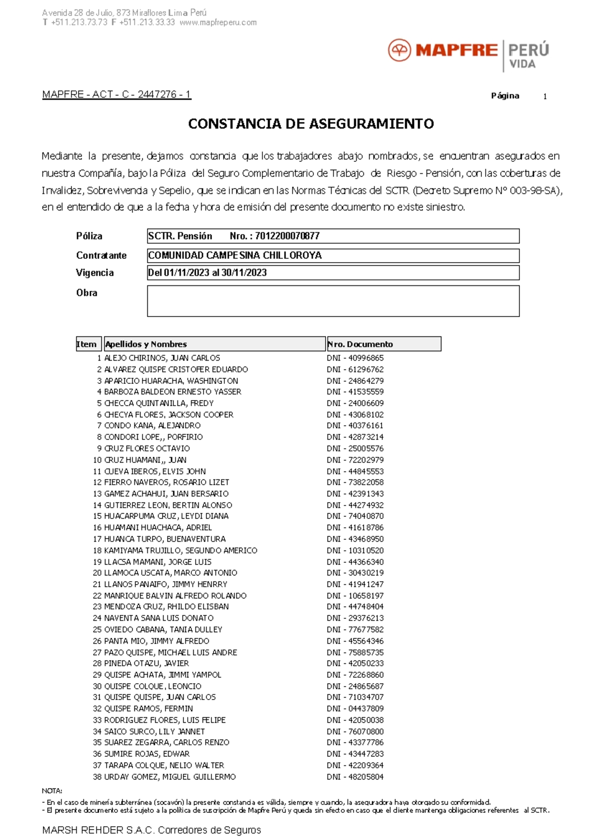 SCTR Constancia 002447276-0001 20231024180716 - MAPFRE - ACT - C - 2447276 - 1 Página 1 ...