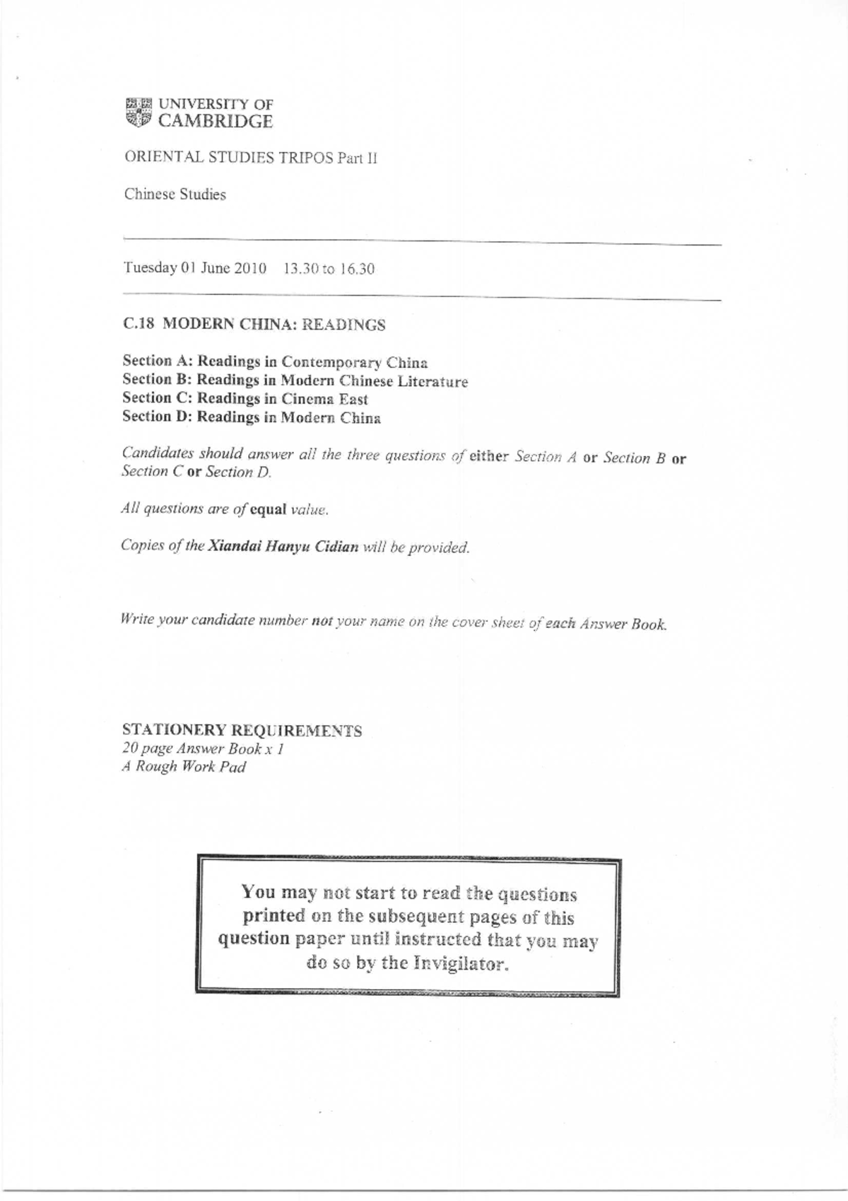 Exam 2010, questions - age UNIVERSITY OF W CAMBRIDGE ORIENTAL STUDIES ...