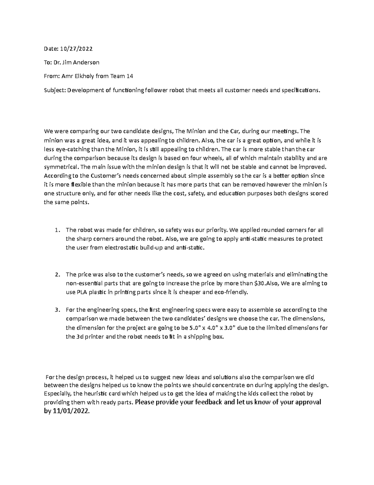 MEMO2 - memo for engineering lab - Date: 10/27/ To: Dr. Jim Anderson ...