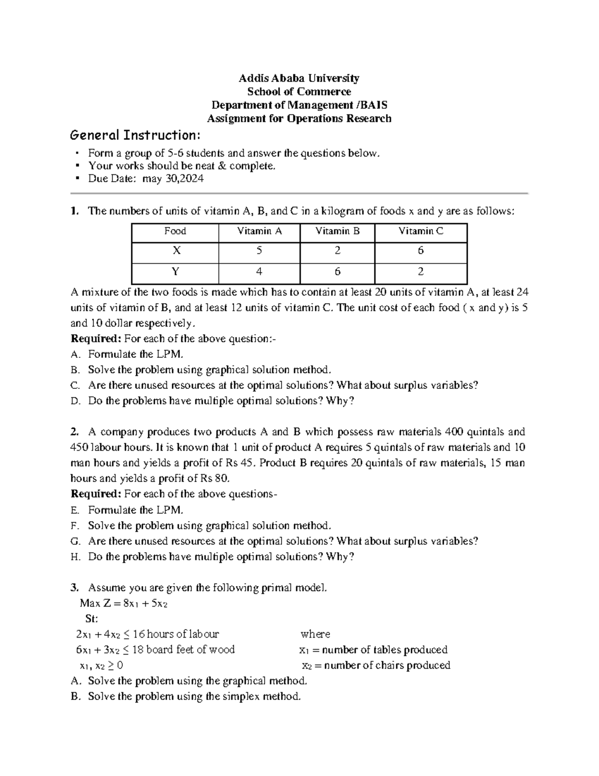 AAU Commerce OR Assignment - Addis Ababa University School of Commerce ...