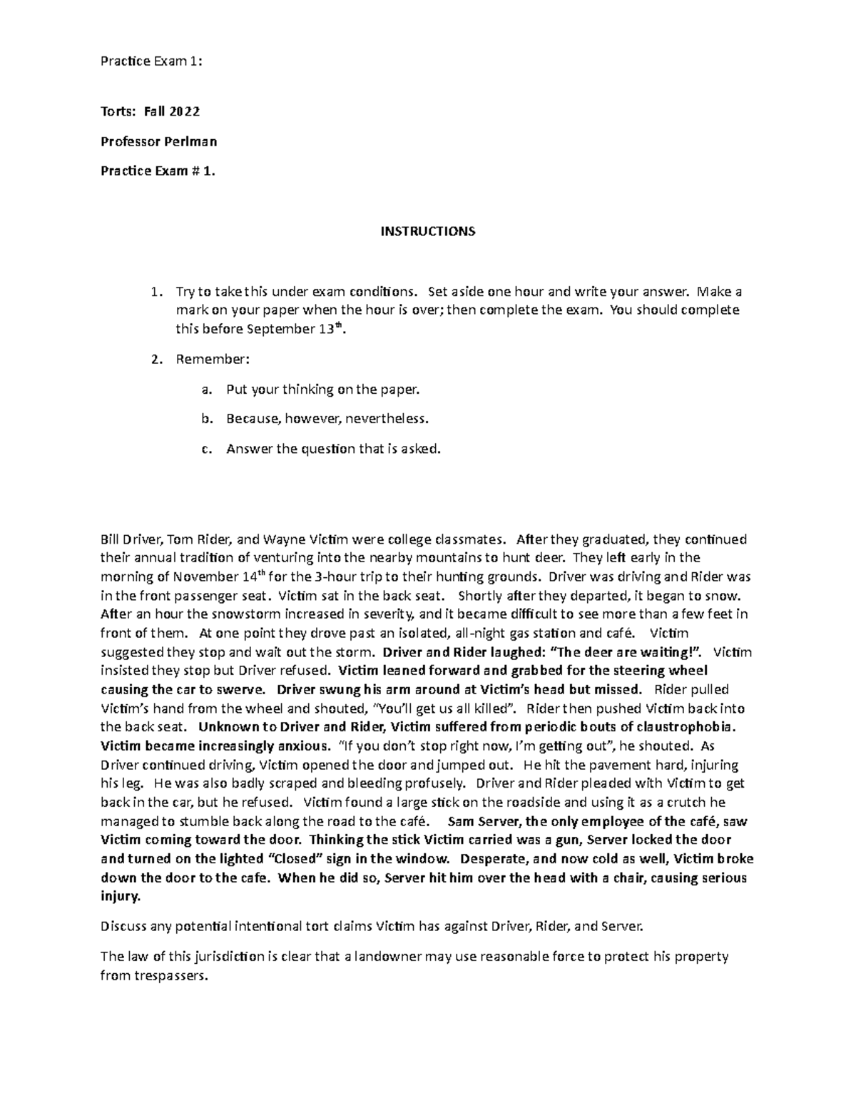 Practice Exam # 1 - Torts - Practice Exam 1: Torts: Fall 2022 Professor ...