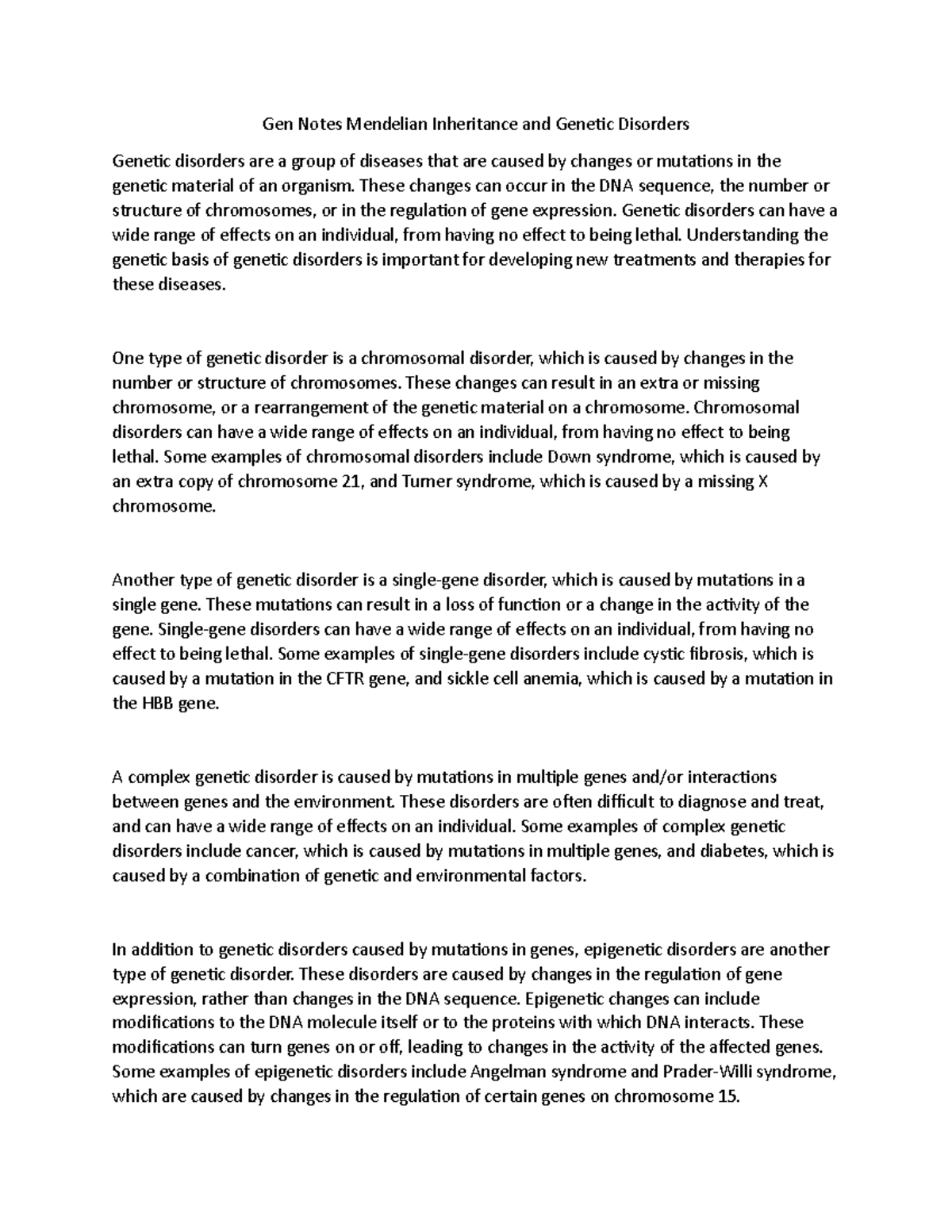 Gen Notes Mendelian Inheritance and Genetic Disorders - These changes ...