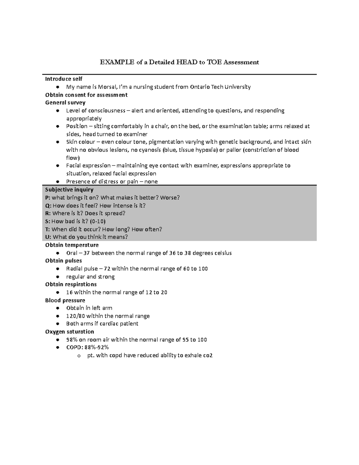 NURS 2701 Clinical head to toe assessment video and Example of Detailed ...