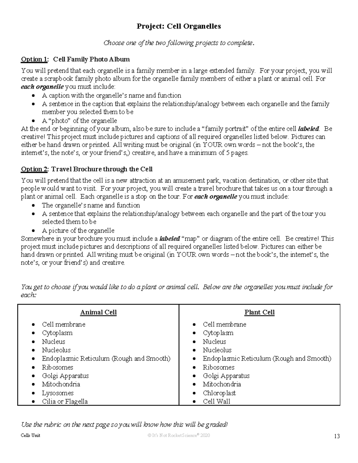 Cell organelle project - Cells Unit © It’s Not Rocket Science ® 2020 ...