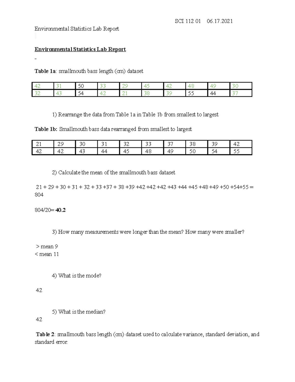 Environmental Statistics Lab Report [ SCI 112 ] - SCI 112 01 06 ...