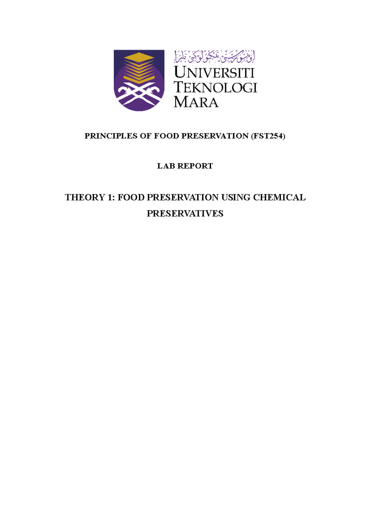 FST254 Theory 1 FOOD Preservation Using Chemical Preservatives ...