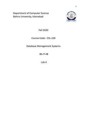 DBMS Lab 3 - DBMS Lab 3 - Database Management Systems Lab 3 BS-IT-4B Fall 2020 Department of ...