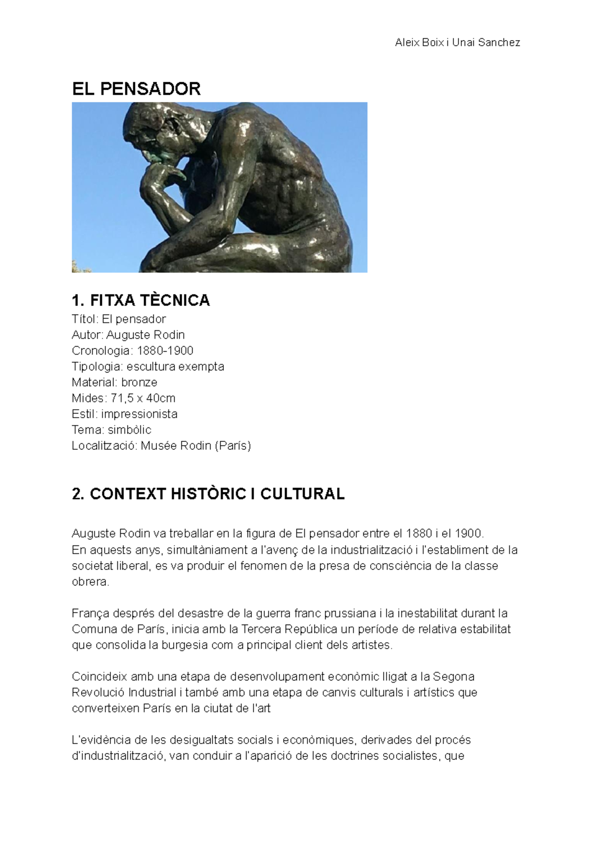 El pensador - EL PENSADOR 1. FITXA TÈCNICA Títol: El pensador Autor ...