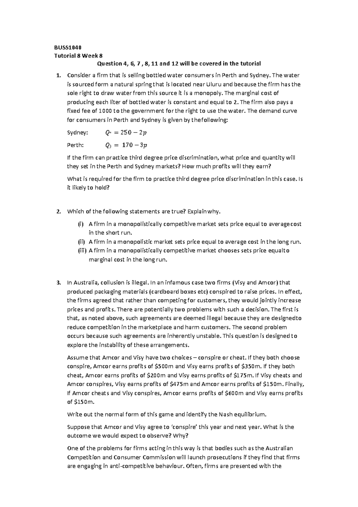 Tutorial 8 Without Answers 2022 Buss Tutorial 8 Week 8 Question 4 6 7 8 11 And 12 Will Be