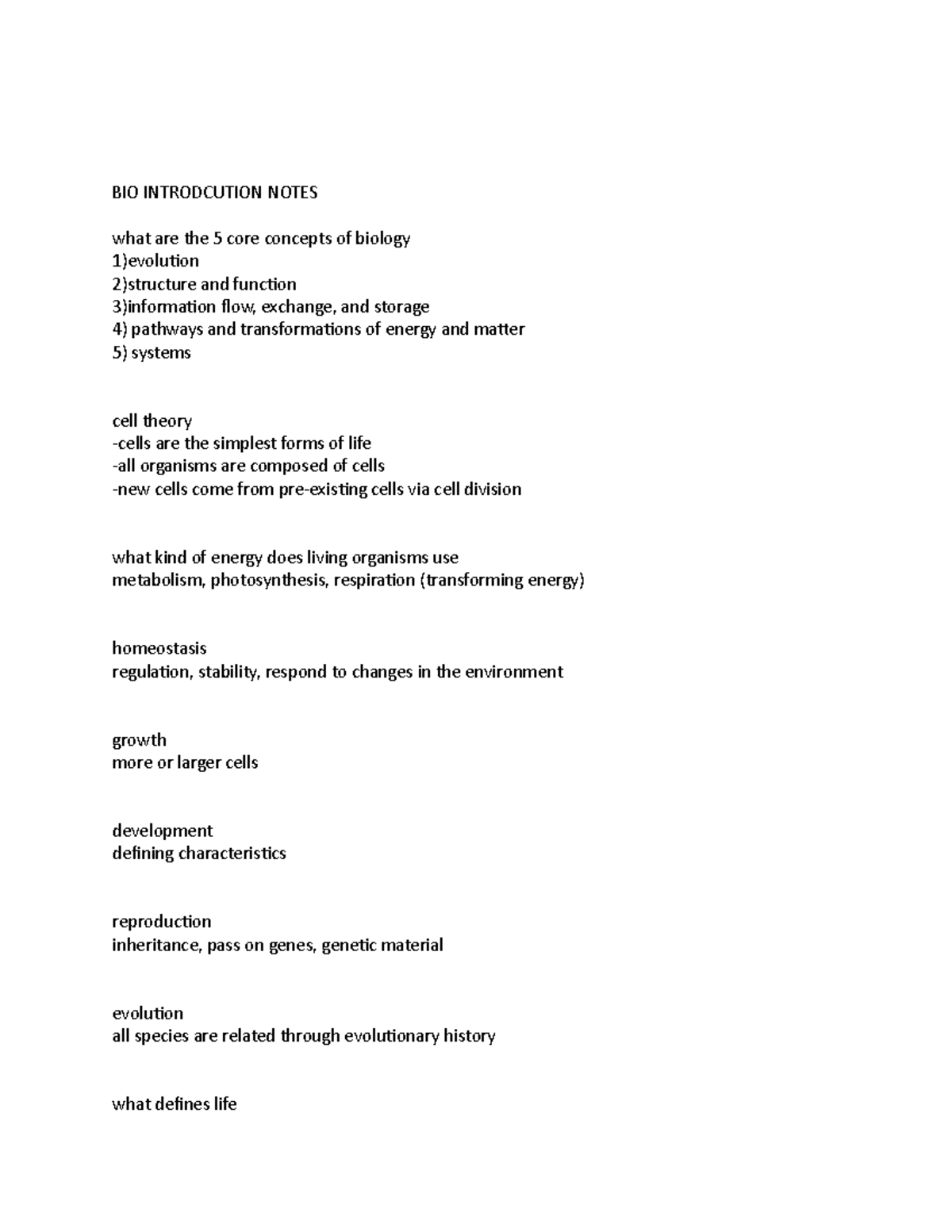 BIO Introdcution Notes - BIO INTRODCUTION NOTES what are the 5 core ...