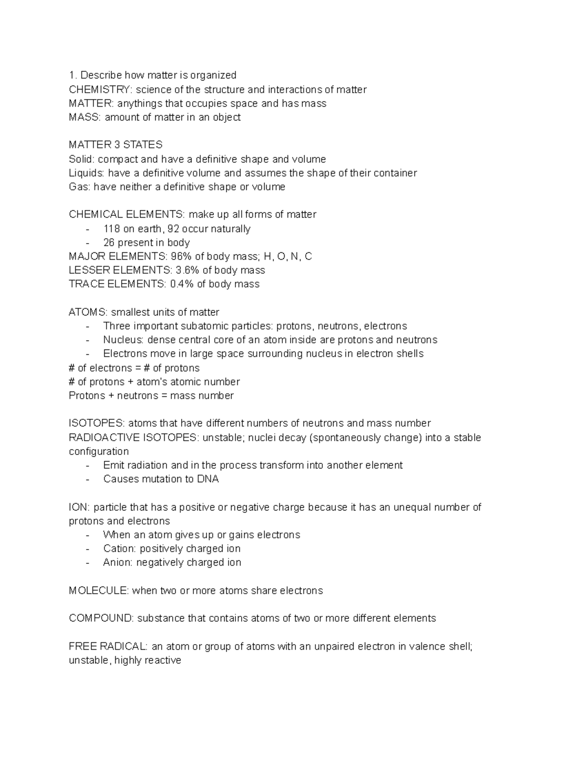 BIOL 1190 - CHAP 2 - notes - Describe how matter is organized CHEMISTRY ...