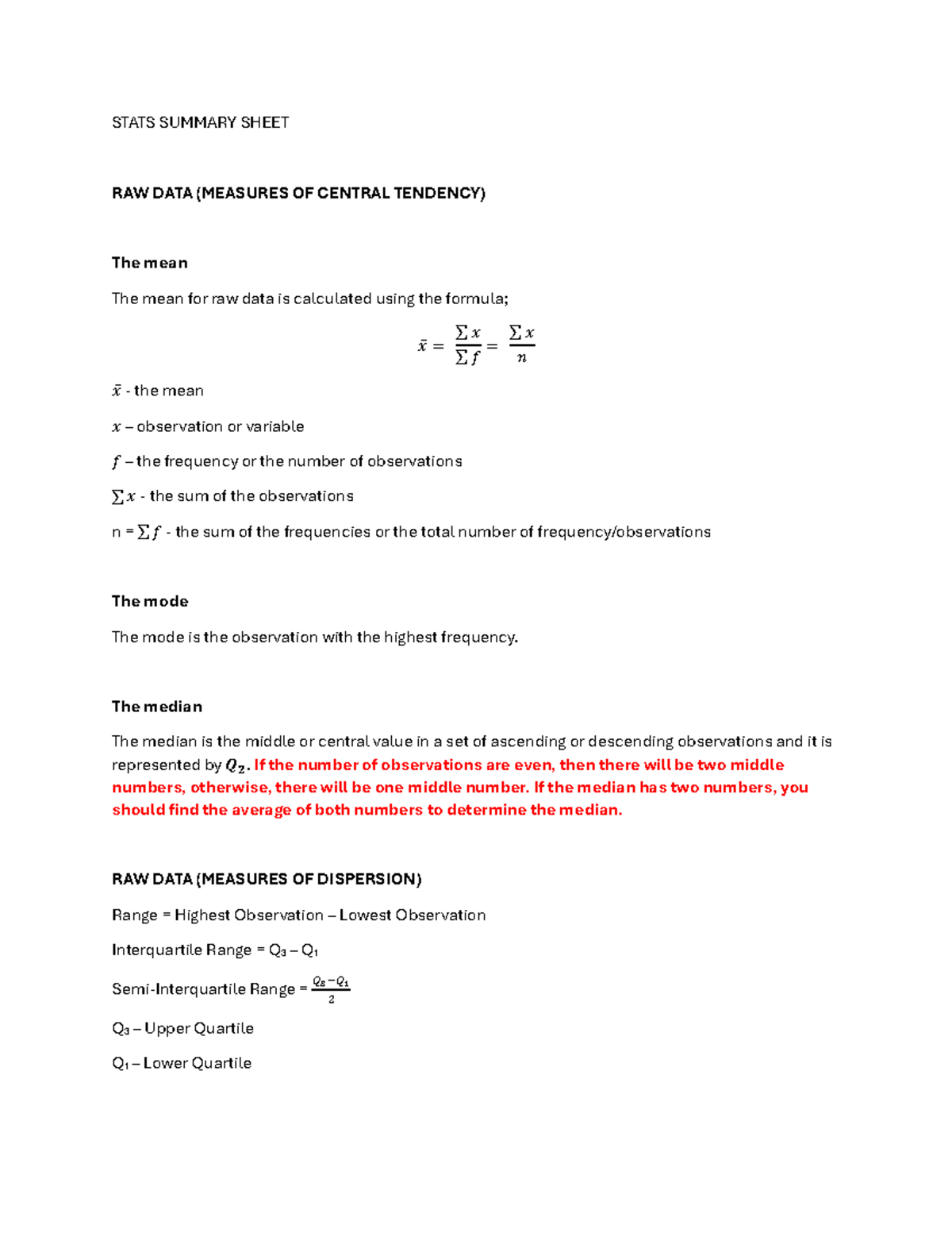 Stats Summary Sheet - STATS SUMMARY SHEET RAW DATA (MEASURES OF CENTRAL ...