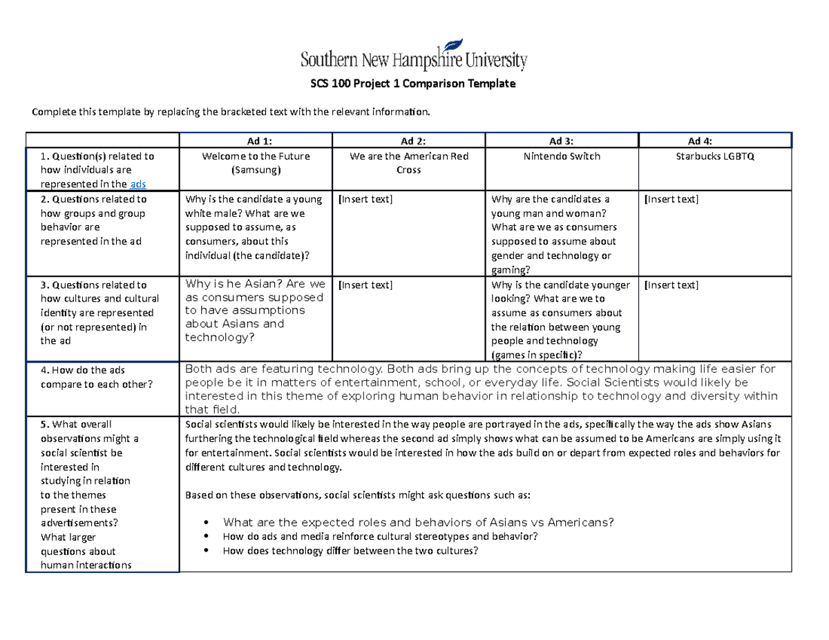 SCS 100 Project 1 Comparison Template, Draft - SCS 100 Project 1 ...
