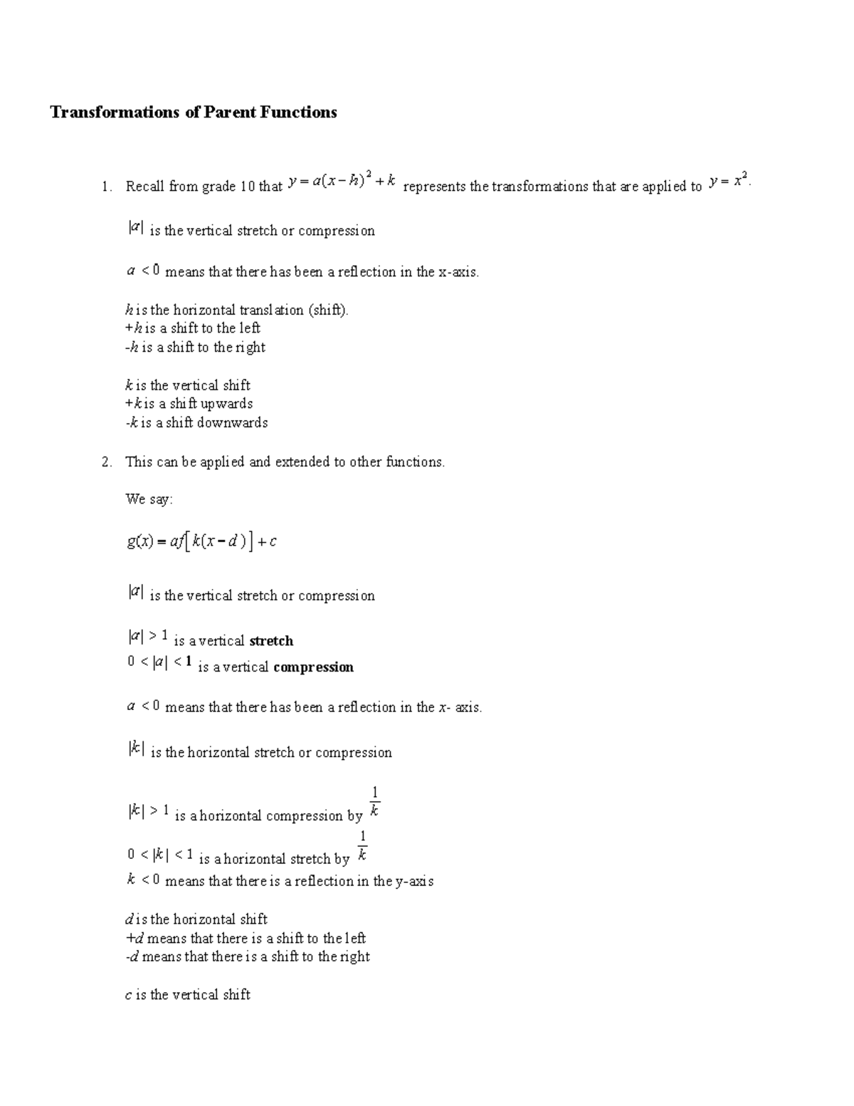 Math 2 - Practice flashcards - Transformations of Parent Functions ...