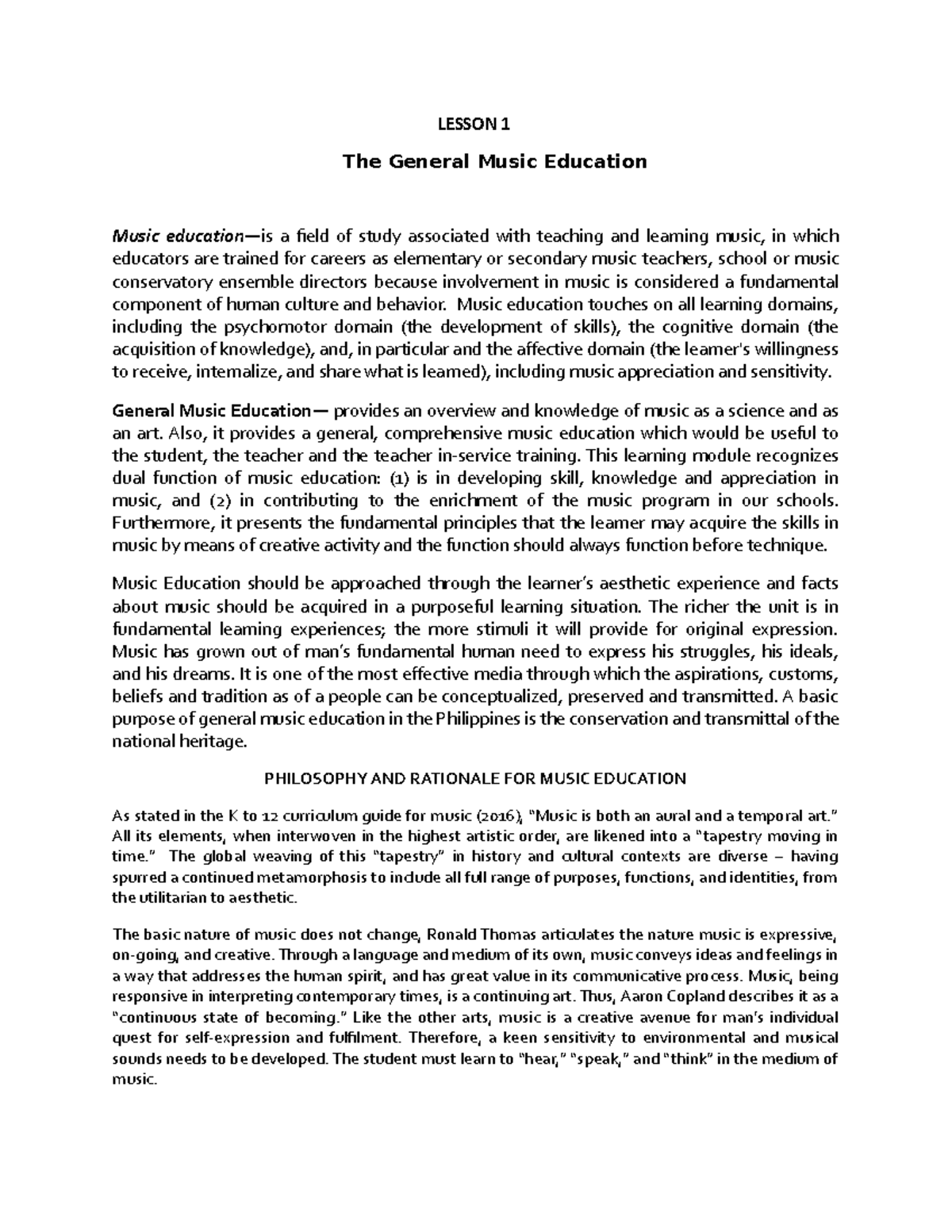 Lesson 1- Final Music - LESSON 1 The General Music Education Music ...