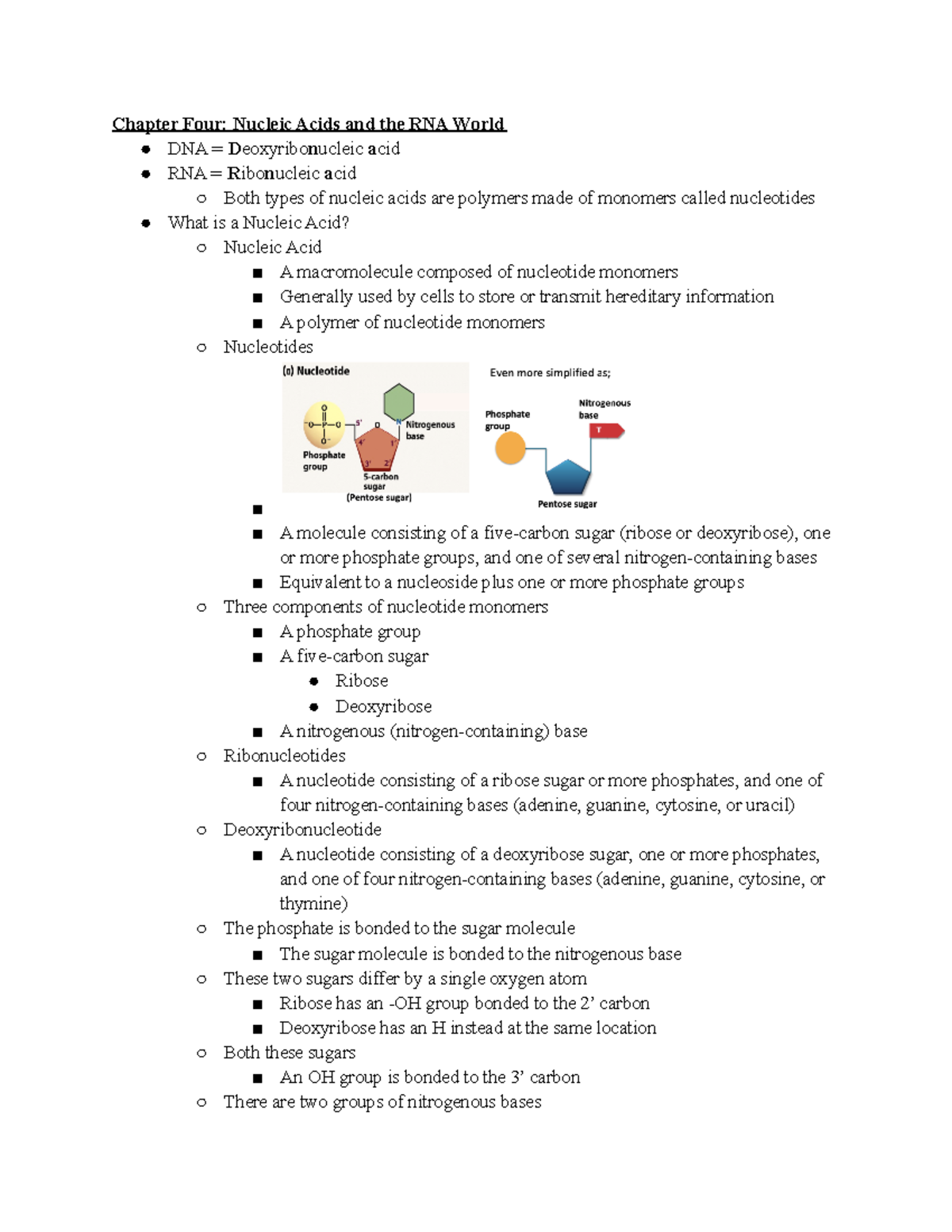 Lecture Notes and Chapter Notes - Chapter Four: Nucleic Acids and the ...