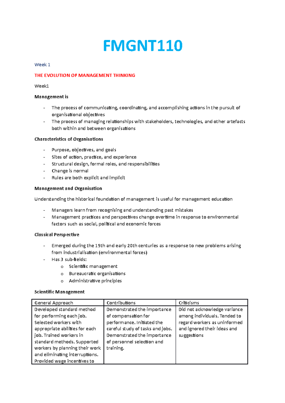 MGNT110 Summaries - Lecture notes 1-12 - FMGNT Week 1 THE EVOLUTION OF ...