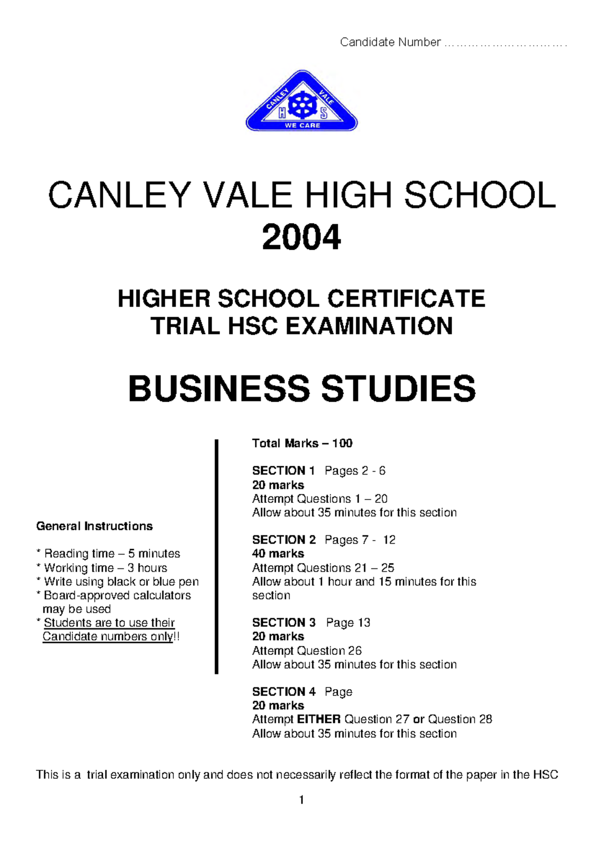 2004 Business - Canley Vale Trial with Solutions - CANLEY VALE HIGH ...