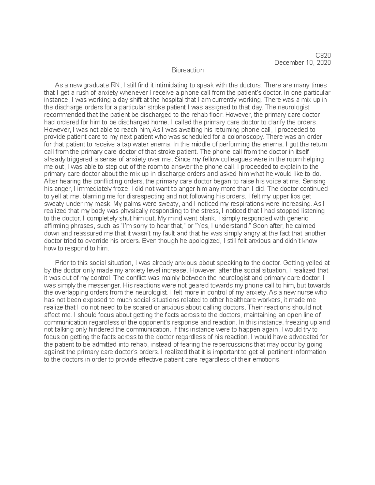 C820 Writing Assignment on Reflection of Bioreactions - C December 10 ...