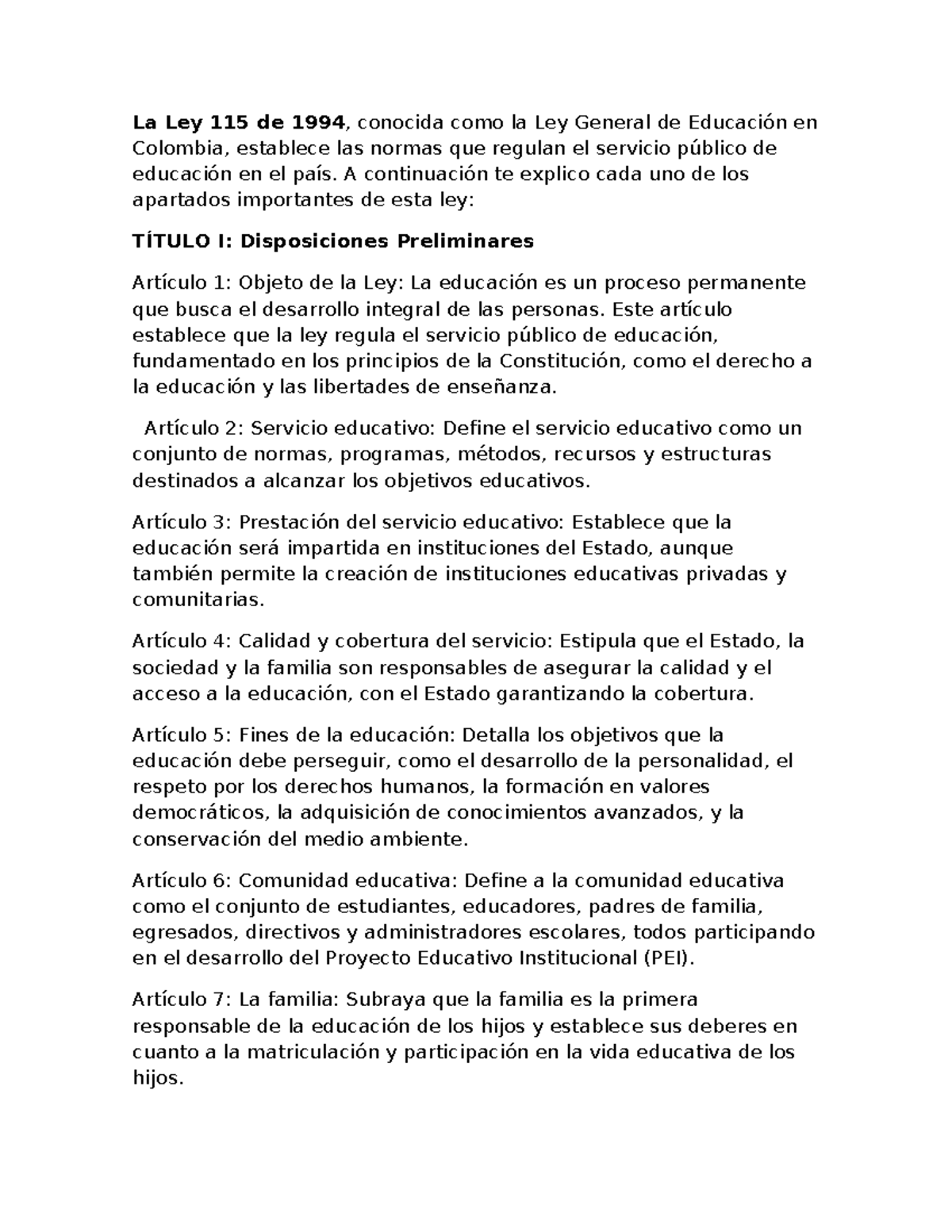 La Ley 115 de 1994 - ley 115 de 1994 - La Ley 115 de 1994, conocida como la Ley General de ...