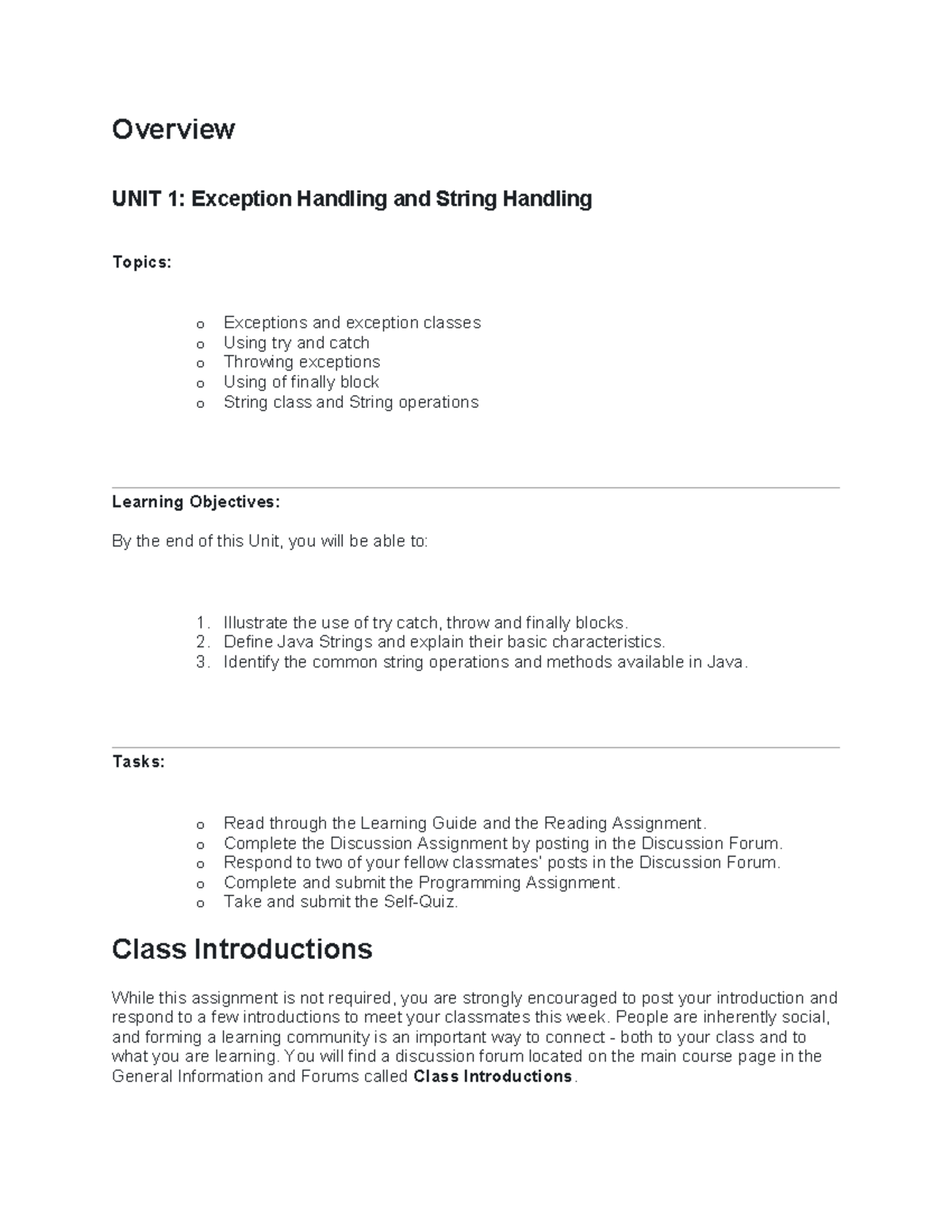 CS 1103 - Learning Guide Unit 1 (1&2) - Overview UNIT 1: Exception Handling and String Handling ...