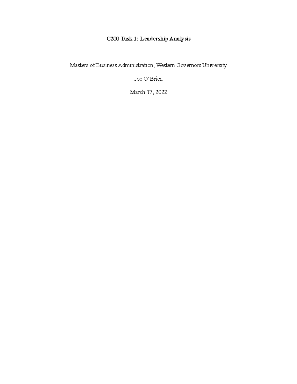 C200 Task 1- Assessment - C200 Task 1: Leadership Analysis Masters of ...