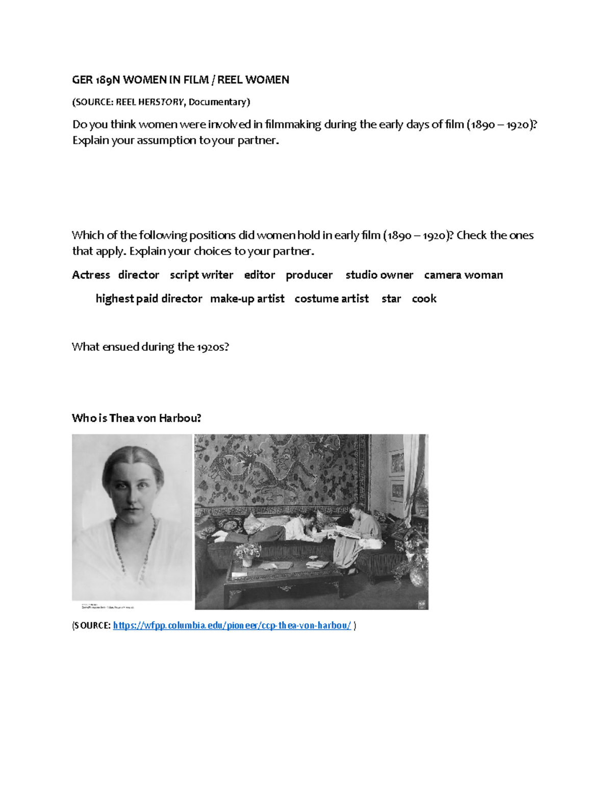 REEL Women Handout STS - GER 189N WOMEN IN FILM / REEL WOMEN (SOURCE ...