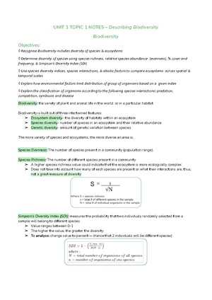 Summary Notes Unit 3 and 4 Year 12 Biology - Unit 3 – Biodiversity and ...