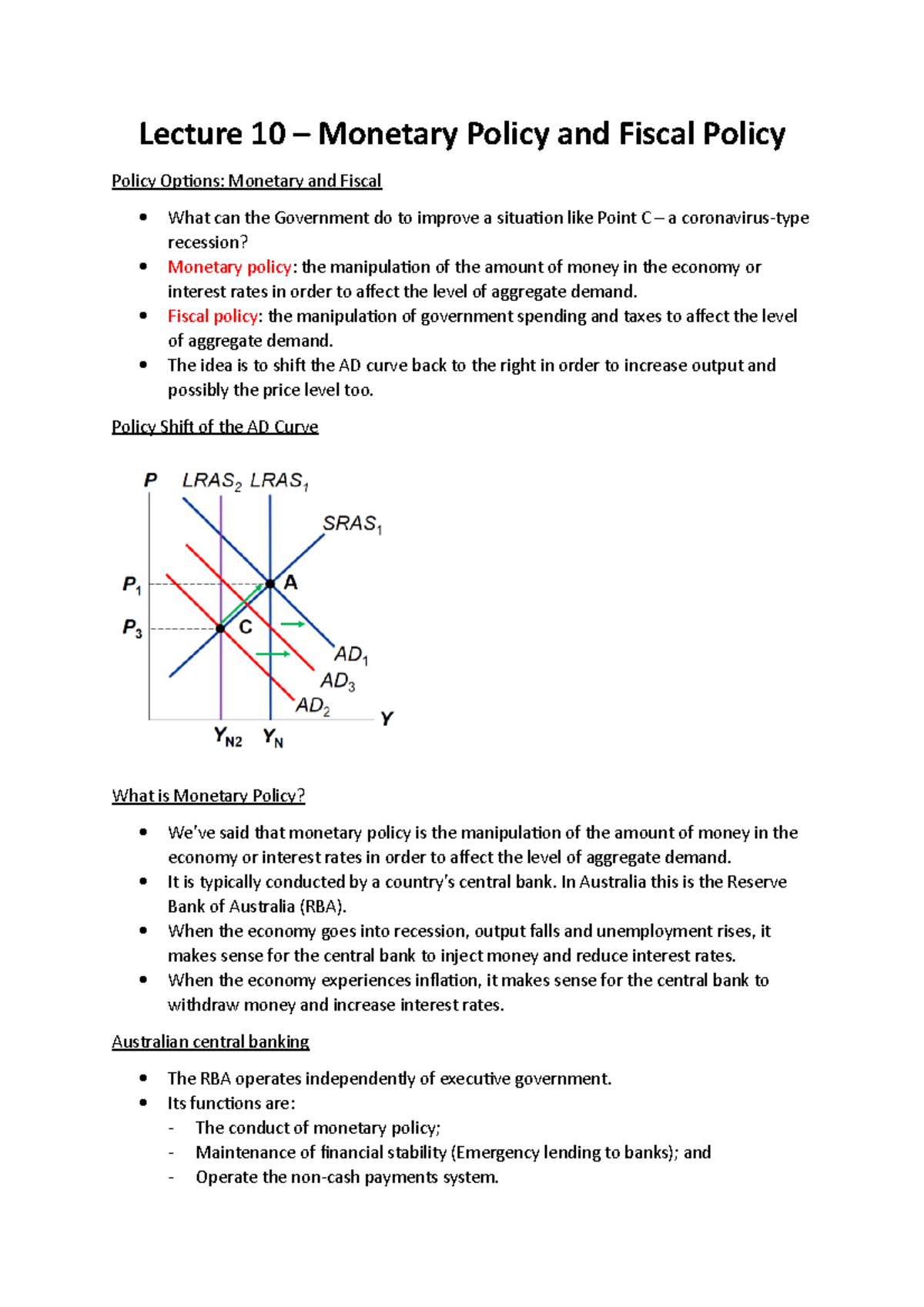 Lecture 10 – Monetary Policy and Fiscal Policy - Lecture 10 – Monetary ...