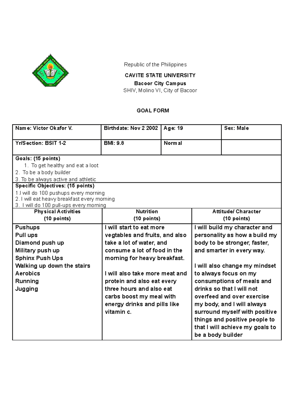 GOAL FORM -victor okafor - Republic of the Philippines CAVITE STATE ...
