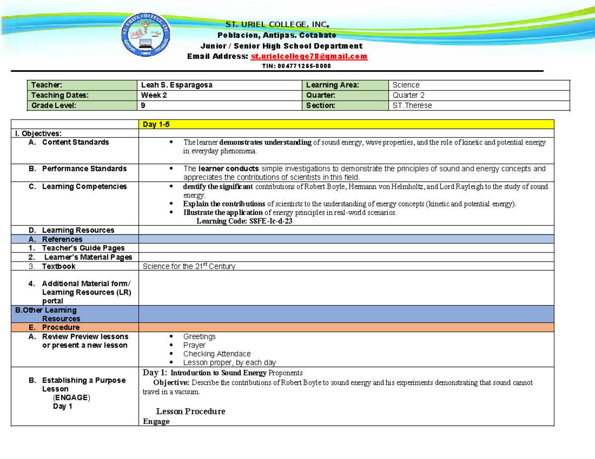 Quarter 2 WEEK 3 - DAILY LESSON PLAN - Teacher: Leah S. Esparagosa ...