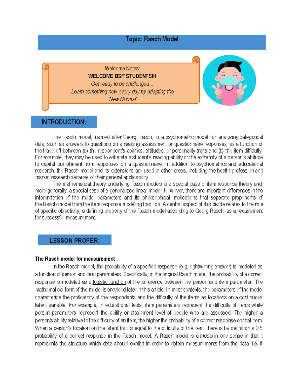 Psychstats - WEEK 16 - The Rasch model, named after Georg Rasch, is a ...