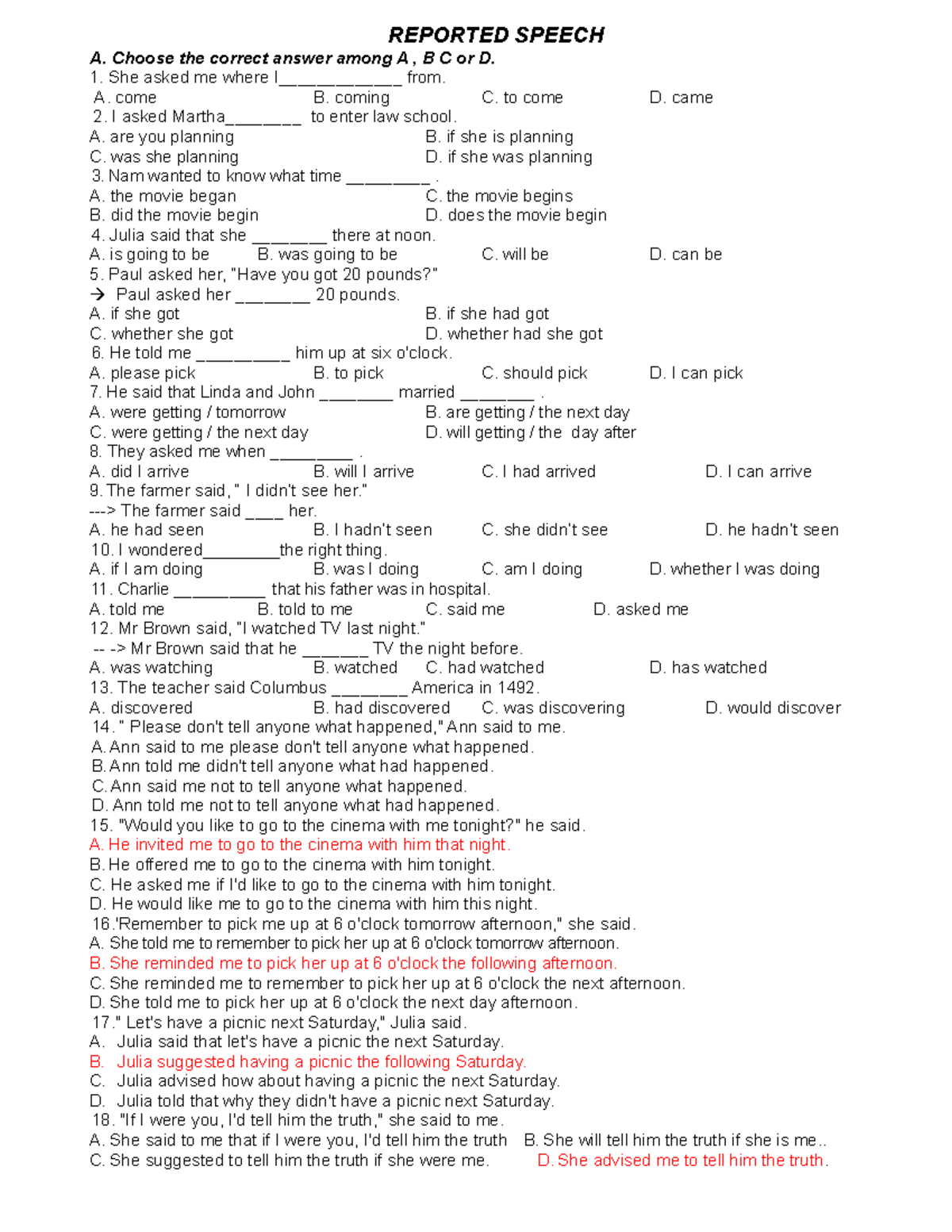 Exercise ON Reported Speech - REPORTED SPEECH A. Choose the correct ...