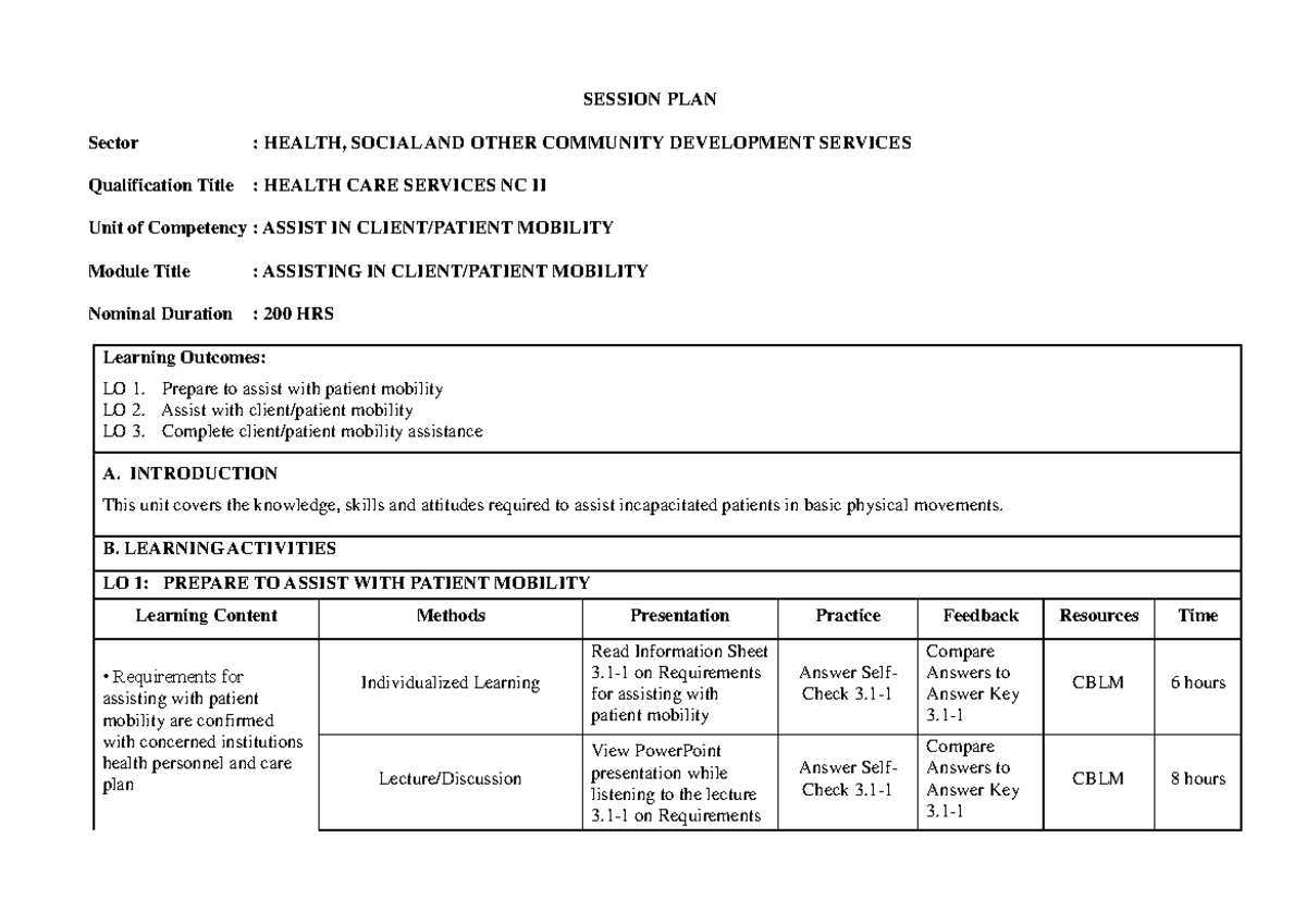 Session Plan Assisting In Patient Mobility - SESSION PLAN Sector ...
