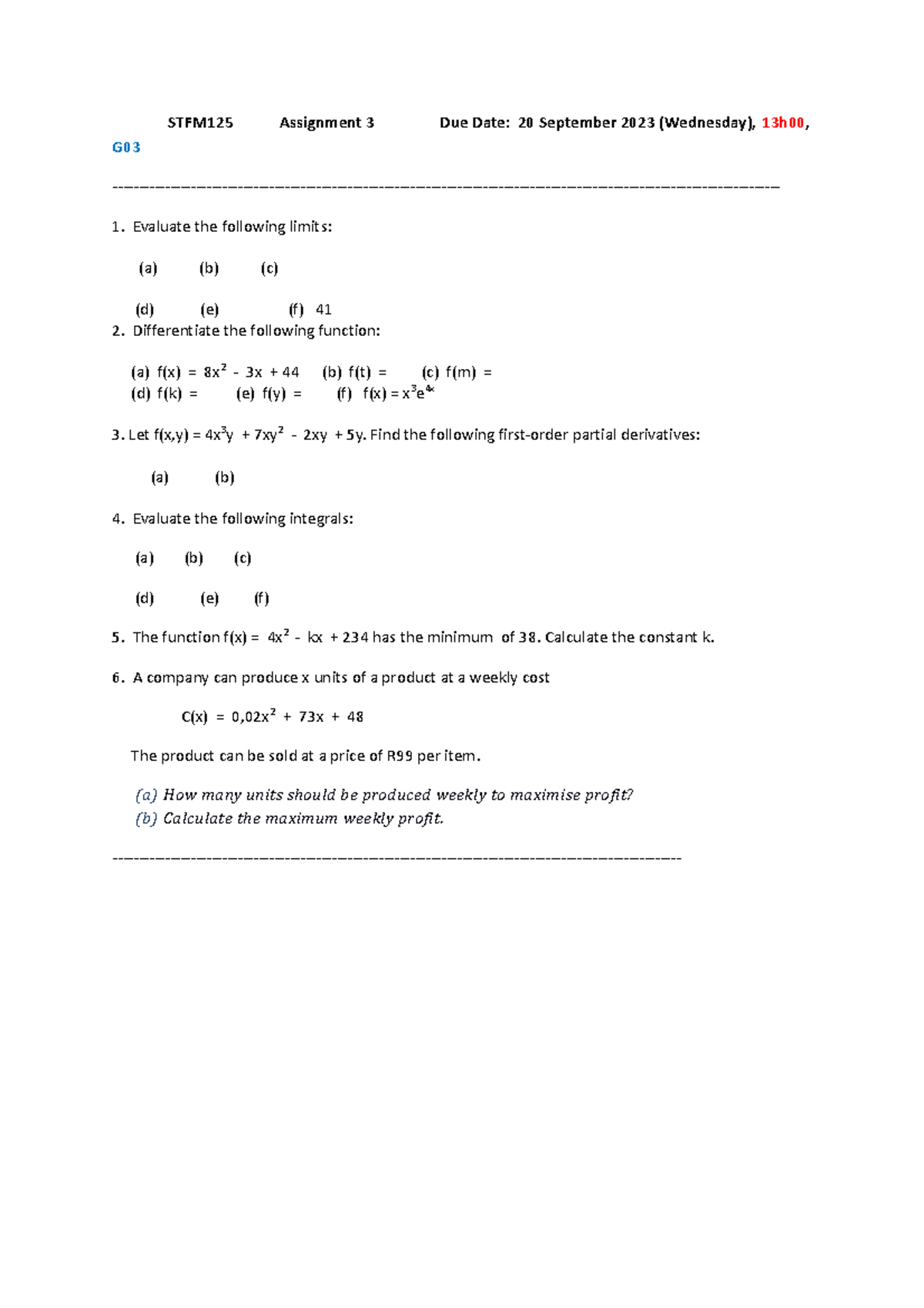STFM125 Assignment 3 - 2023 - STFM125 Assignment 3 Due Date: 20 ...