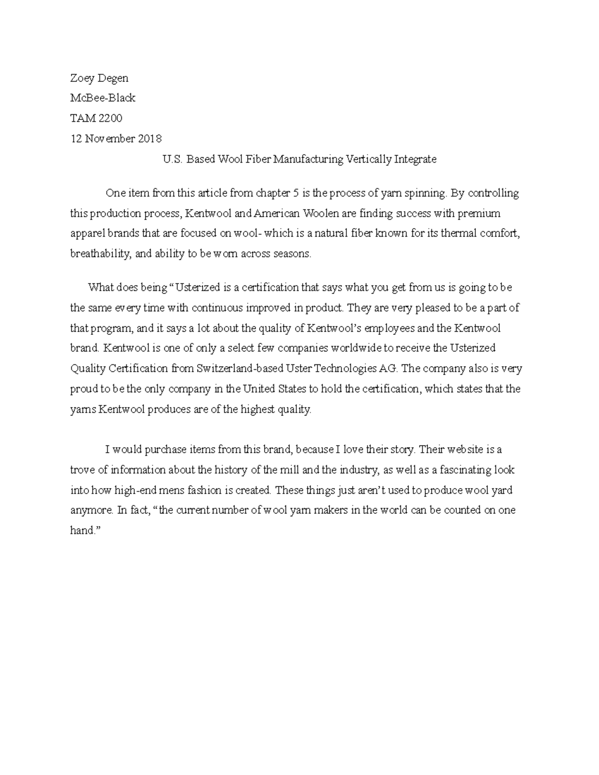 U.S. Based Wool Fiber Manufacturing Vertically Integrate - Zoey Degen ...