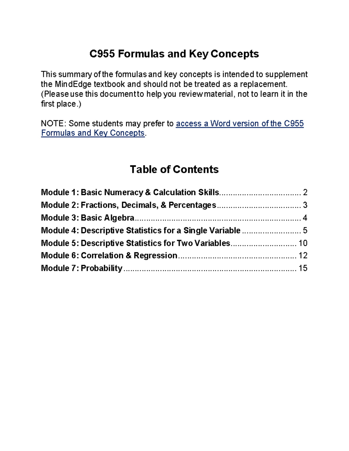 C955 Formulas and Key Concepts - (Please use this document to help you review material, not to ...