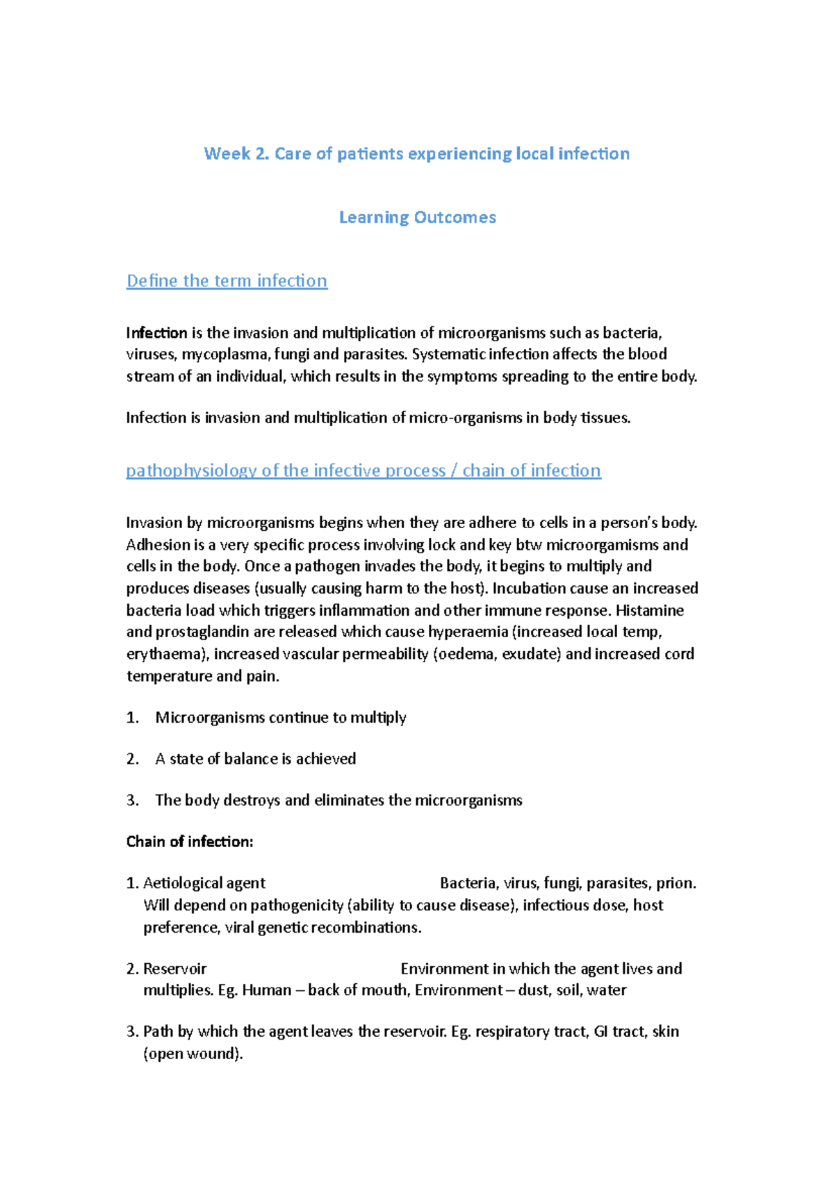 Week 2 Infection Note - Week 2. Care of patients experiencing local ...