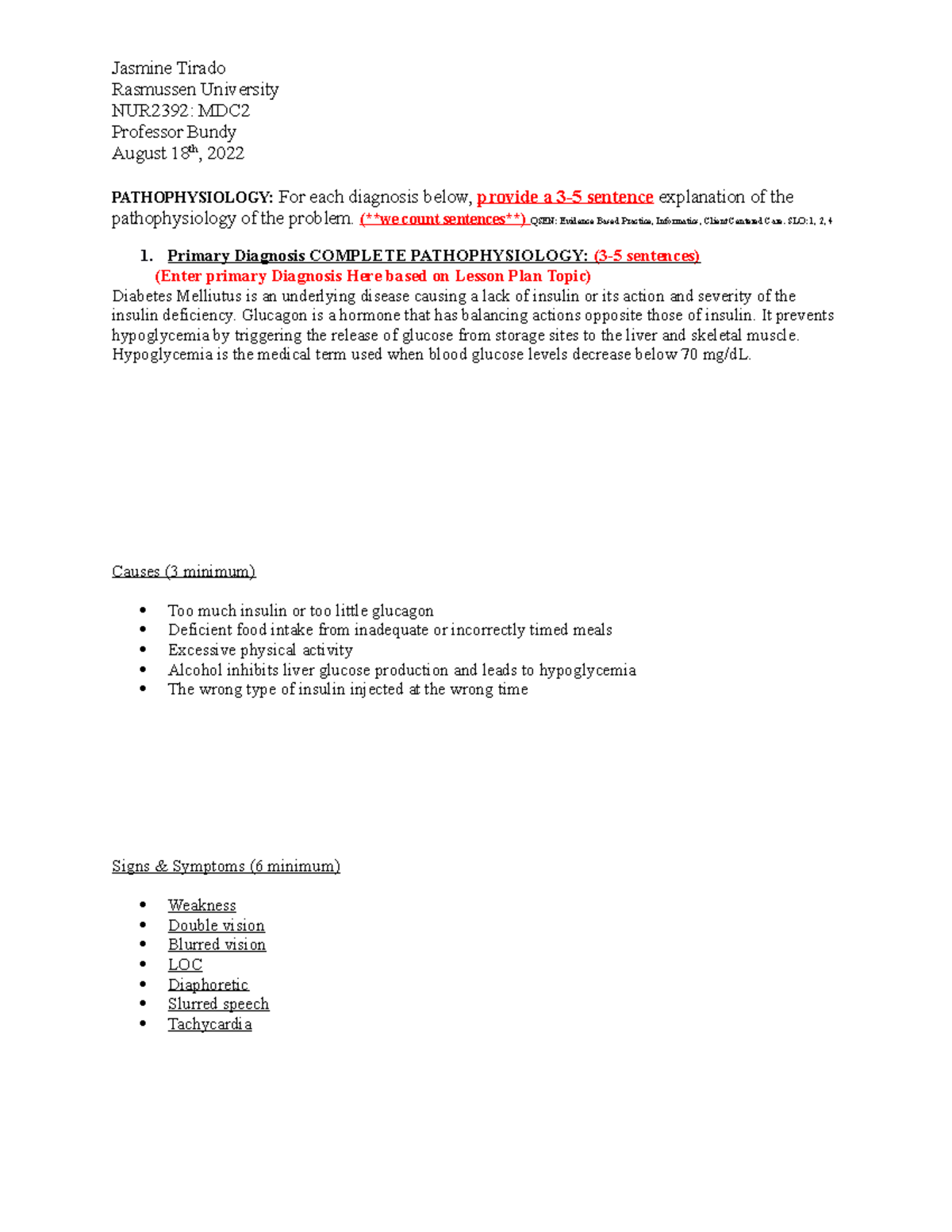 Disease Template Hypoglycemia - Jasmine Tirado Rasmussen University ...