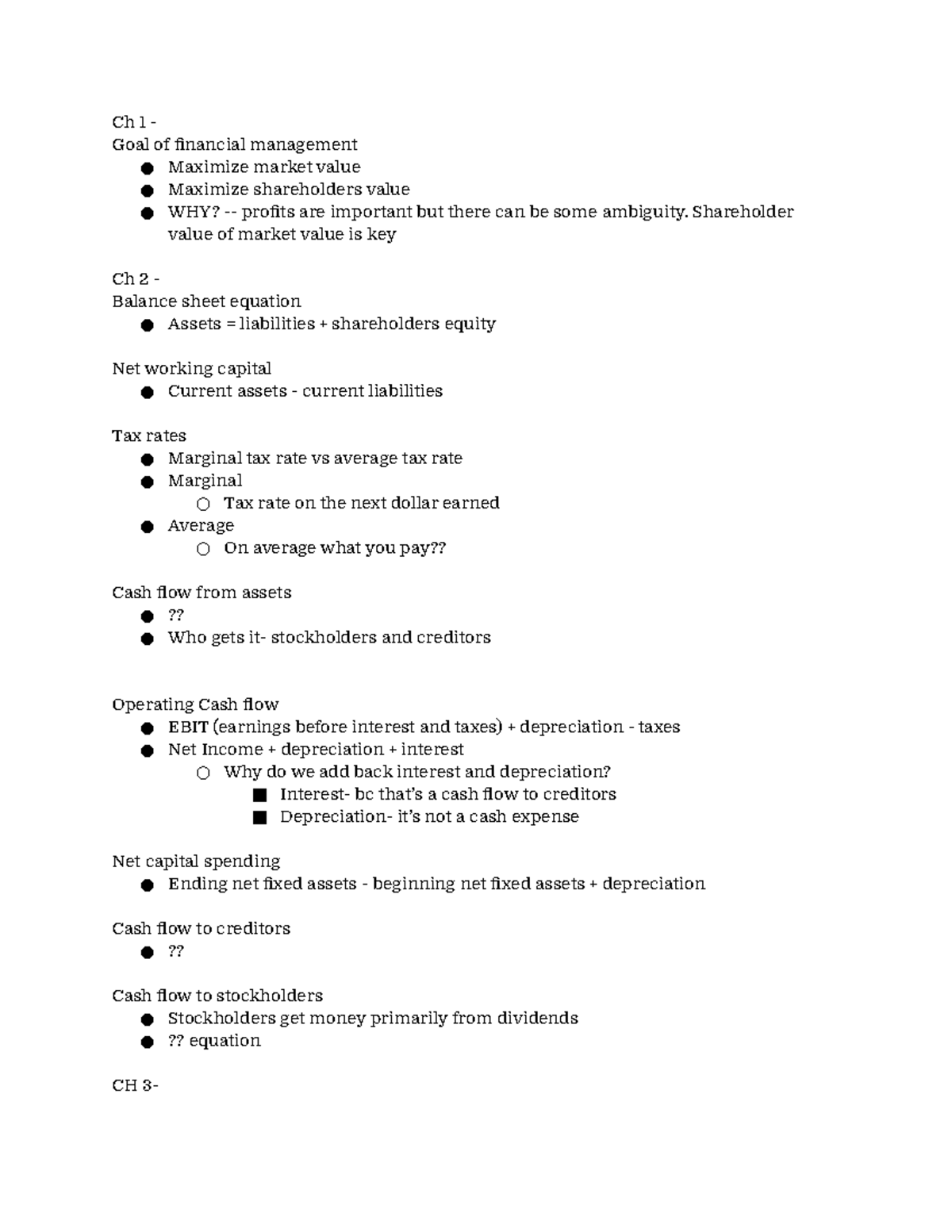 Exam 1 in class review - Summary Principles of Finance - Ch 1 Goal of ...