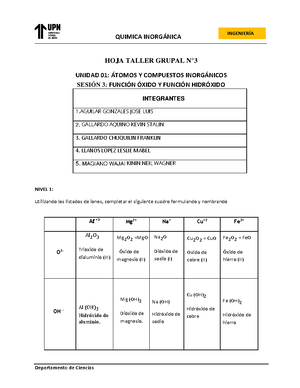 Hoja Taller Grupal N° 5 Hidruros y Ácidos - QUIMICA INORGÁNICA HOJA TALLER SEMANAL N° UNIDAD 02 ...