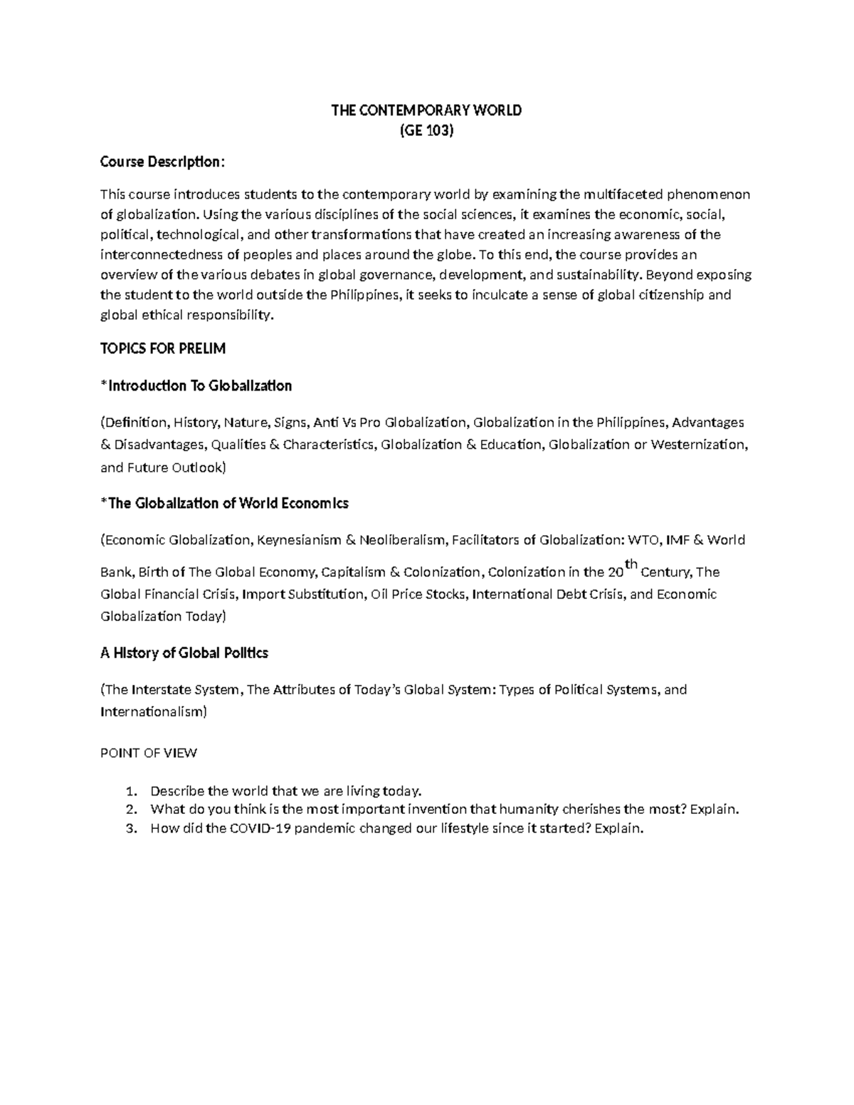 GE 103 Prelim Notes. Word format - THE CONTEMPORARY WORLD (GE 103 ...