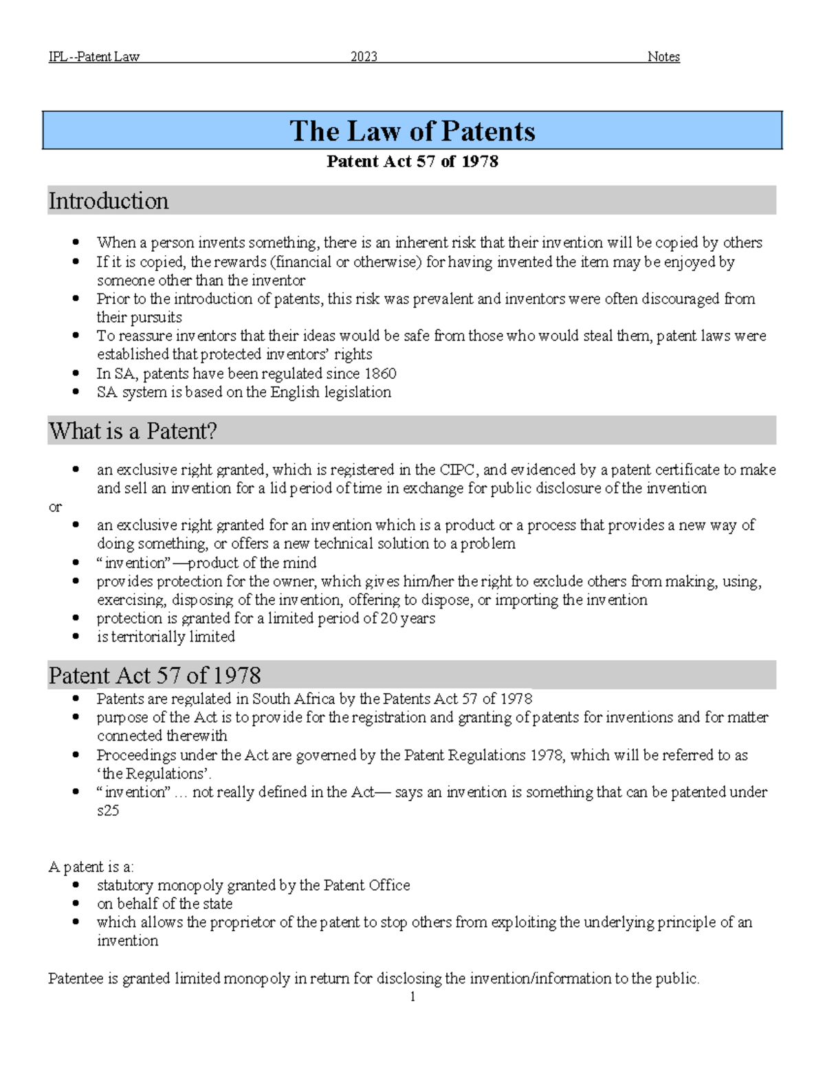 Patent Law 2023- notes (complete) - The Law of Patents Patent Act 57 of ...