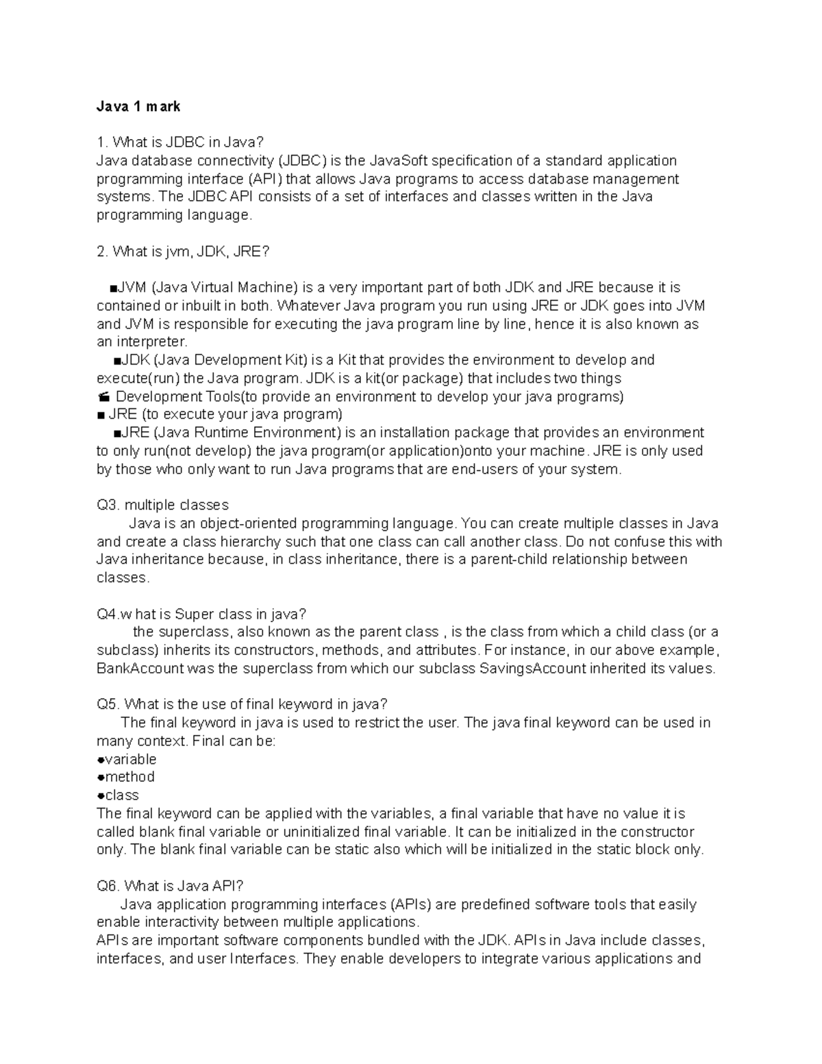 Java 1 mark - notes - Java 1 mark What is JDBC in Java? Java database ...