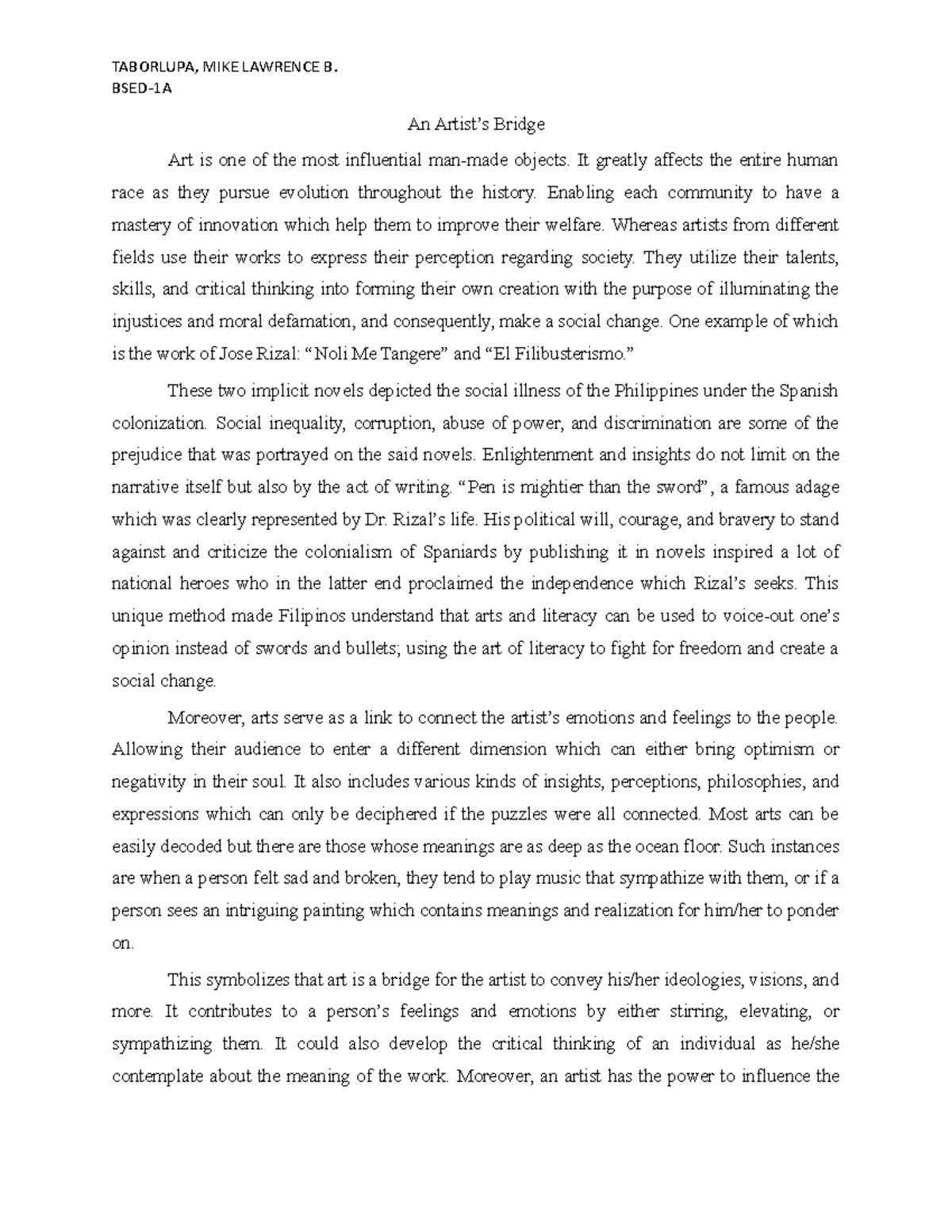 Artist'S Bridge Essay - Activity - TABORLUPA, MIKE LAWRENCE B. BSED-1A ...