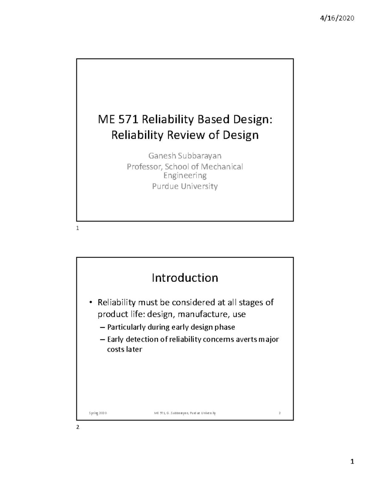 16 reliability review during design - ME 571 Reliability Based Design ...