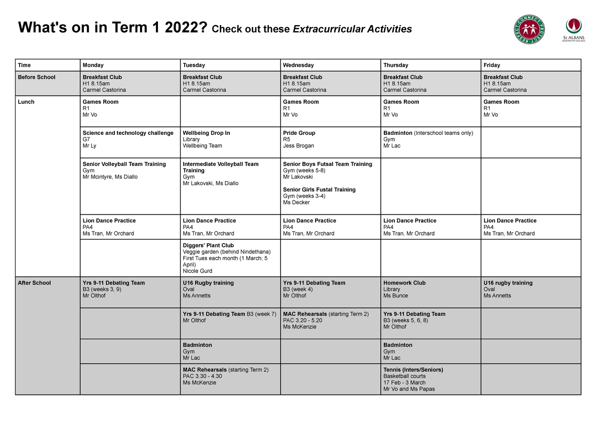 Activities Schedule Term 1 2022 - What's on in Term 1 2022? Check out ...